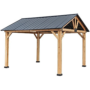 YOLENY 11' x 13' Wood Gazebo Outdoor Gazebo Spruce Wood Framed Gazebo with Black Steel Hardtop Roof for Garden, Patio, Lawns, Parties