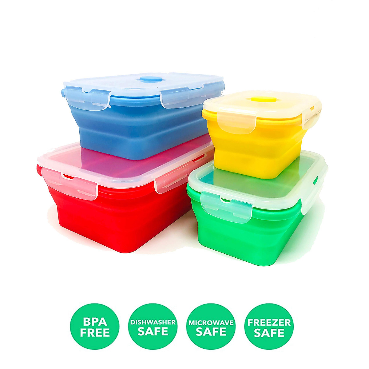 2 Set of 4 Collapsible Silicone Food Storage Container, Leftover Meal box For Kitchen, Bento Lunch Boxes, BPA Free, Microwave, Dishwasher and Freezer Safe. Foldable Design Saves Your Space.