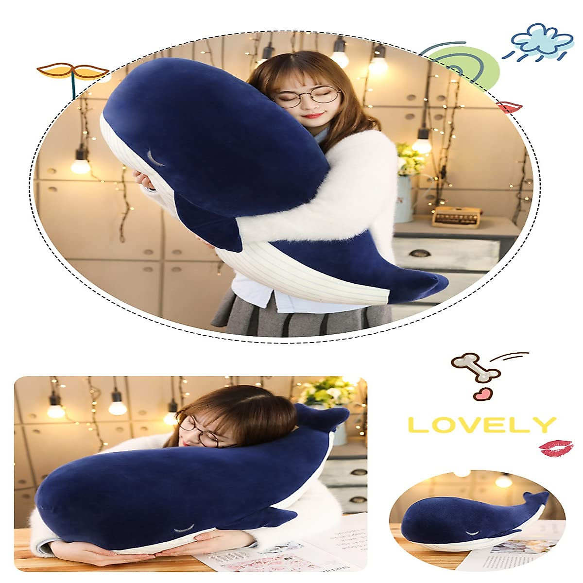 LVPU Down Cotton Soft Simulation Big Blue Whale Dolphin Doll Plush Toy