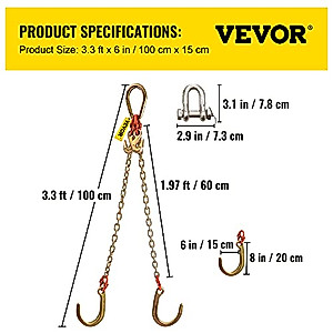 VEVOR J Hook Chain, 5/16 in x 2 ft Tow Chain Bridle, Grade 80 J Hook Transport Chain, 9260 Lbs Break Strength with JT Hook & Grab Hook, Tow Hooks for Trucks, Heavy Duty J Hook and Chain Shorteners