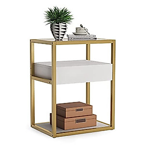Tribesigns Nightstand Tall Side Table, Modern Simple Style End Table with Drawer and Shelf, Tempered Glass Bedside Table, Metal Frame, 19.6”X15.7”X27.5” (1PC, Gold and White)