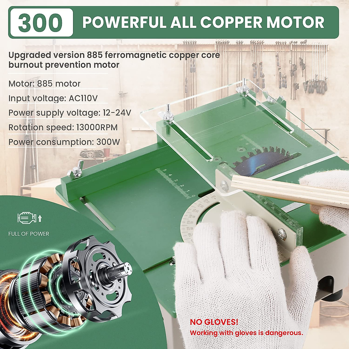 Huanyu Mini Table Saw 300W 1.14IN Cut Depth Portable Precision Hobby Table Saws Set for Wood Model DIY Crafts Woodworking 0-180° Angle Cutting Multifunctional 7-Level Speed Adjustable