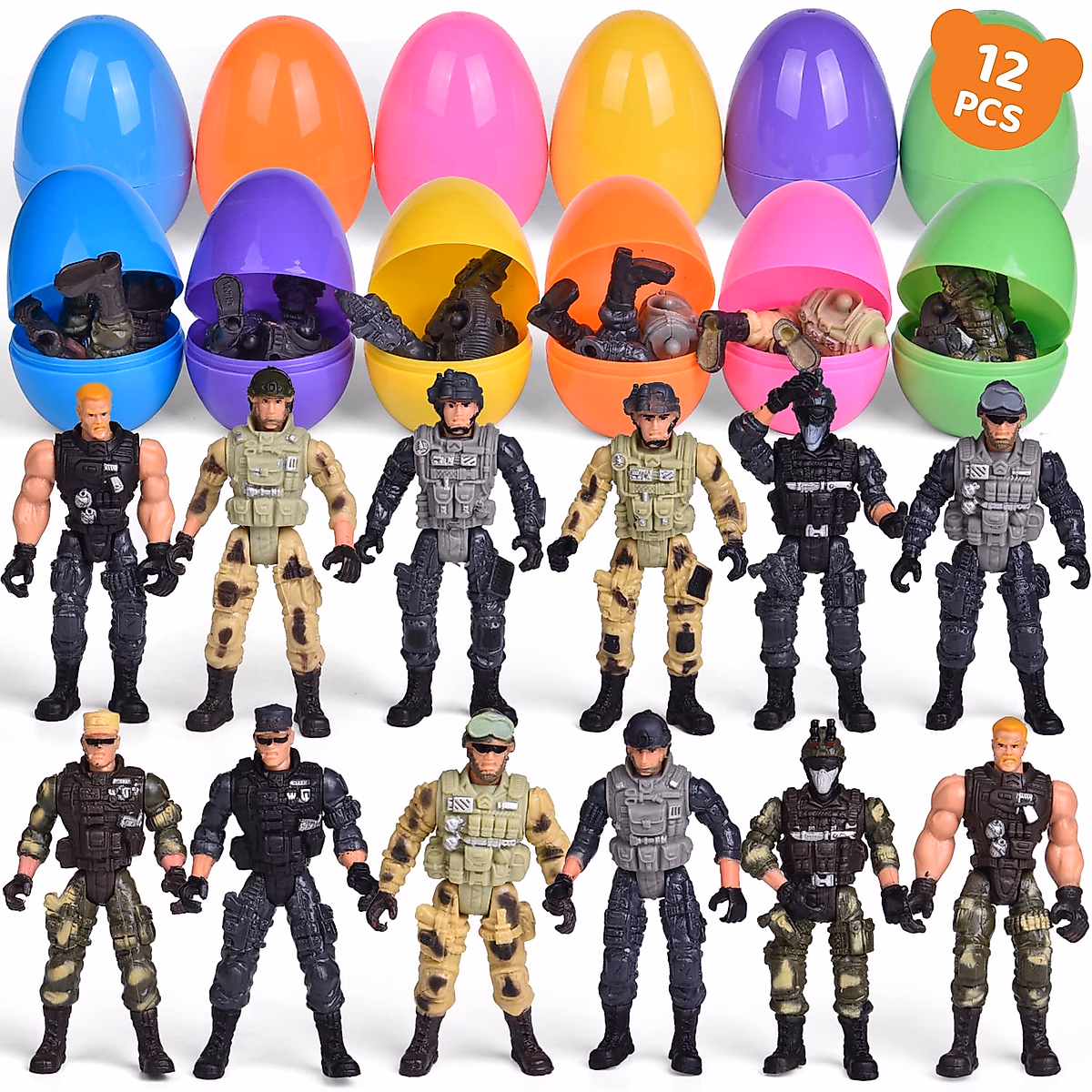FUN LITTLE TOYS 12PCS Easter Egg with Army Men Realistic Army Ranger Action Figures, Easter Stocking Stuffers, Easter Basket Stuffers