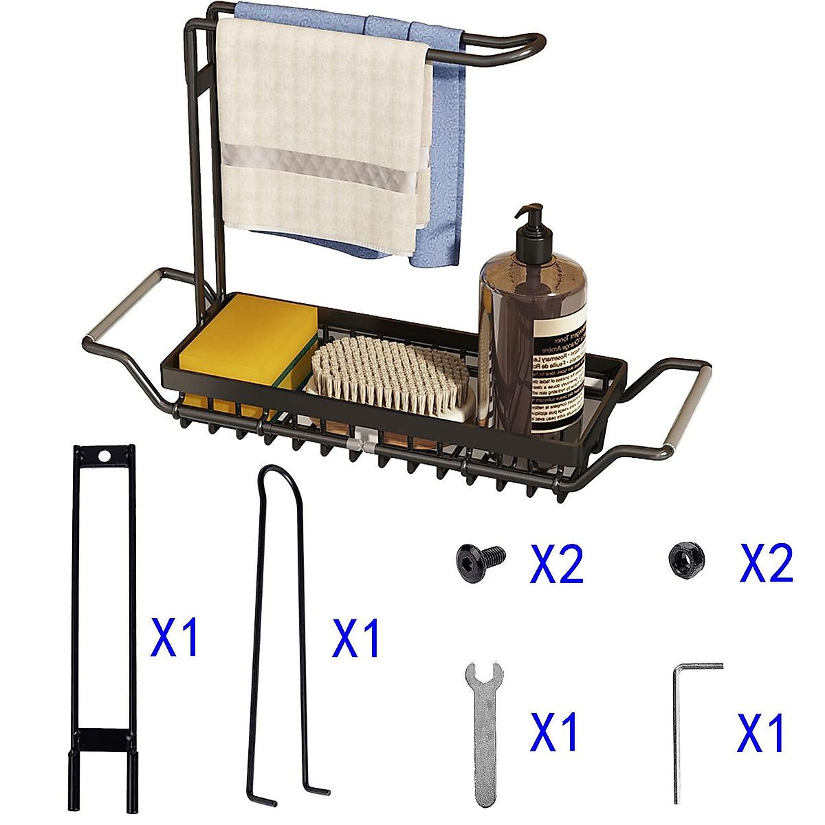 Aouton Sponge Holder for Kitchen Sink, Expandable (16.7"-21.3") Sink Caddy Sink Organizers, Stainless Steel 4-in-1 Dish Sponges Brush Soap Holder with Dishcloth Towel Drying Rack