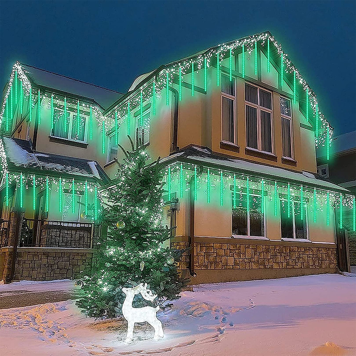 Meteor Shower Rain Light 80cm 8 Tubes 576 LED Waterproof Falling Rain Lights Snow Falling for Home Decor Wedding Garden, Green