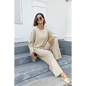 FREEYE Two Piece Outfits for Women, 2023 Fall Lounge Sweatsuits Knit Sweater Sets Pullover Loungewear Matching Pants Comfy Maternity Pajamas Apricot M
