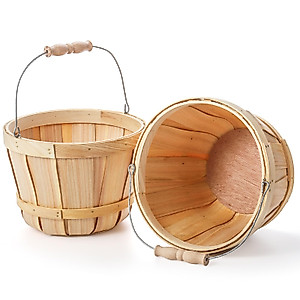 Okllen 2 Pack Round Wooden Baskets with Handle, Empty Wood Fruit Buckets, Fall Harvest Basket for Display Fruits Vegetables, Home Garden and Party Supplies, Natural Color