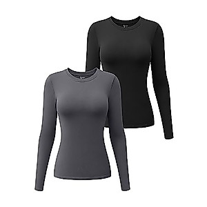 OQQ Women's 2 Piece Long Sleeve Shirt Crew Neck Stretch Fitted Underscrubs Layer, Black,darkgrey, Medium