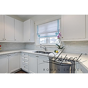 LOGANOVA Custom Flat Roman Shade with white background and baby blue Greek key border. Premium lining and chain mechanism.