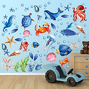 97 Pieces Glow in The Dark Sea Wall Decal Stickers Fish Glow Wall Stickers Ocean Wall Decals Removable Glowing Sticker Fluorescent Starfish Shell Waterproof Peel and Stick for Kids Bedroom Decor
