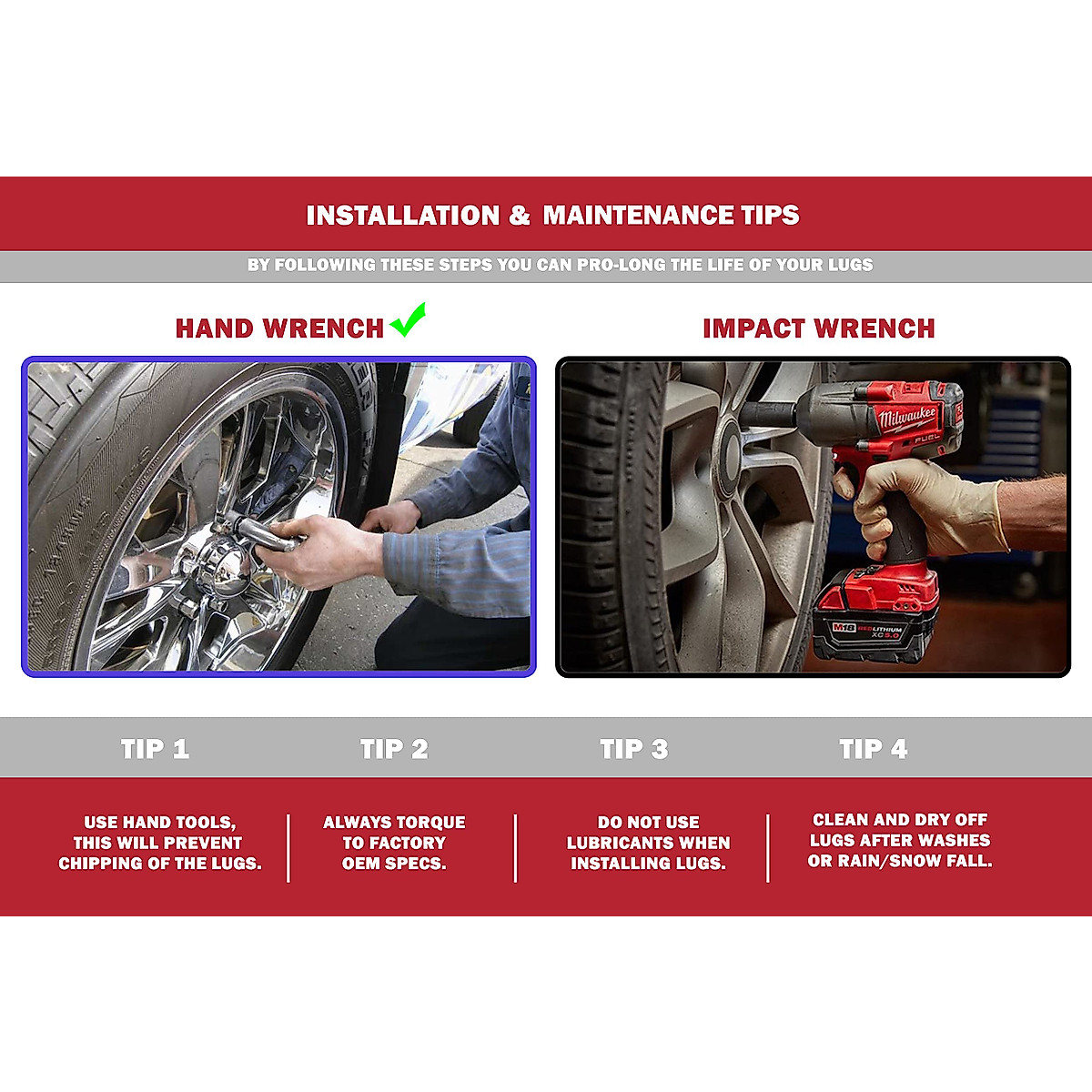 Wheel Accessories Parts Set of 16 ATV/UTV Red Spike Installation Lug Nut Kit | Solid Metal Lug Nuts 12 X 1.5 Thread 3.35" Tall Closed End Bulge Acorn Spiked Lug Nut 1 Long Socket Key (M12x1.50)