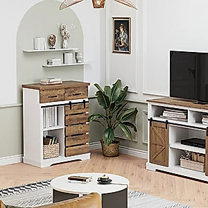 HOSTACK Farmhouse Coffee Bar Cabinet, Sideboard Buffet Cabinet with Drawers and Shelves, Sliding Barn Door Storage Cabinet for Kitchen, Living Room, Dining Room, Entryway, White and Rustic Brown