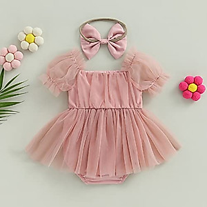 VISGOGO Summer Newborn Baby Girls Rompers Dress Flower Embroidery Mesh Short Sleeve Jumpsuits Headband Casual Outfits (Pink-mesh, 12-18 Months)