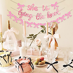 JeVenis She is Tying The Knot Banner Tie The Knot Bridal Shower Decor Pink Bow Banner Garland Coquette Bachelorette Party Decorations