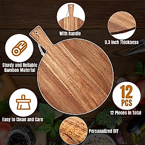 Patelai 12 Piece Round Wood Cutting Board Pizza Peel with Handle Laser Engraving Serving Board Charcuterie Cheese Bread Cutting Board for DIY Wedding Housewarming Gift (12 Inch, Acacia Wood)