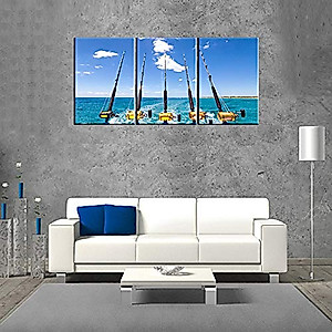 Canvas Wall Art Row of Five Fishing Rod and Reel Pictures Blue Seascape Paintings for Living Room Giclee Fishing Tackle Artwork HD Prints Modern Home Decor Framed Stretched Ready to Hang(60''Wx28''H)