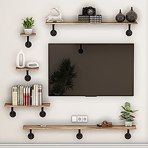 59 Inches Long Farmhouse Industrial Large Floating Reclaimed Wood Shelves for Wall Decor Set of 5 Hanging Storage Pipe Shelf Rustic Wood Wall Shelves for Bathroom, Living Room, Kitchen, Laundry Room