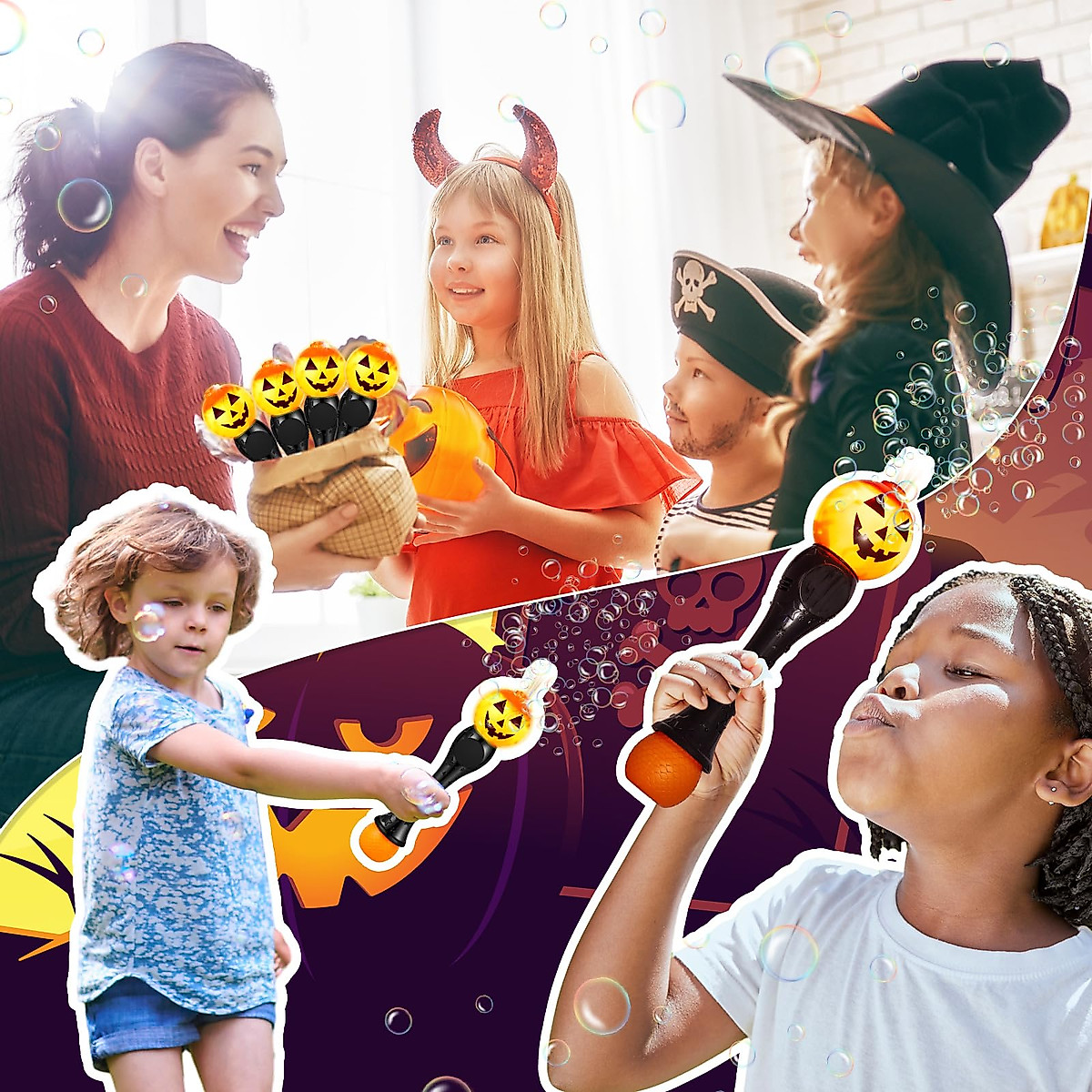 Poen 4 Set Graduation Bubble Wand Light up Pumpkin Bubble Blower Wand Illuminating Bubble Blower Wand Flashing LED Wand with Thrilling LED and Sound Effect Halloween Party Favors Gift Halloween