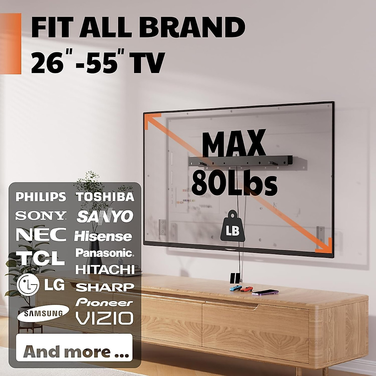 Studless TV Wall Mount, Heavy Duty Drywall TV Bracket Hanger for 26-55 inch Flat Screen TVs, No Stud, No Drill, No Anchors, Easy Install with All Hardware Included