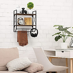 Bathroom Wall Shelf Wall Mounted Industrial 2 Tier Wood Bathroom Towel Rack with Towel Bar, 5 Metal Hooks Rustic Wall Hanging Toilet Storage Shelf for Kitchen, Bathroom, Brown