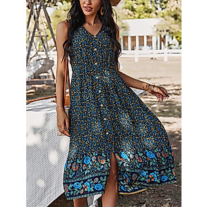 TEMOFON Women Dress Summer Sleeveless Bohemian Floral V Neck Button Down Flowy Boho Dresses 2025 Navy Blue XL