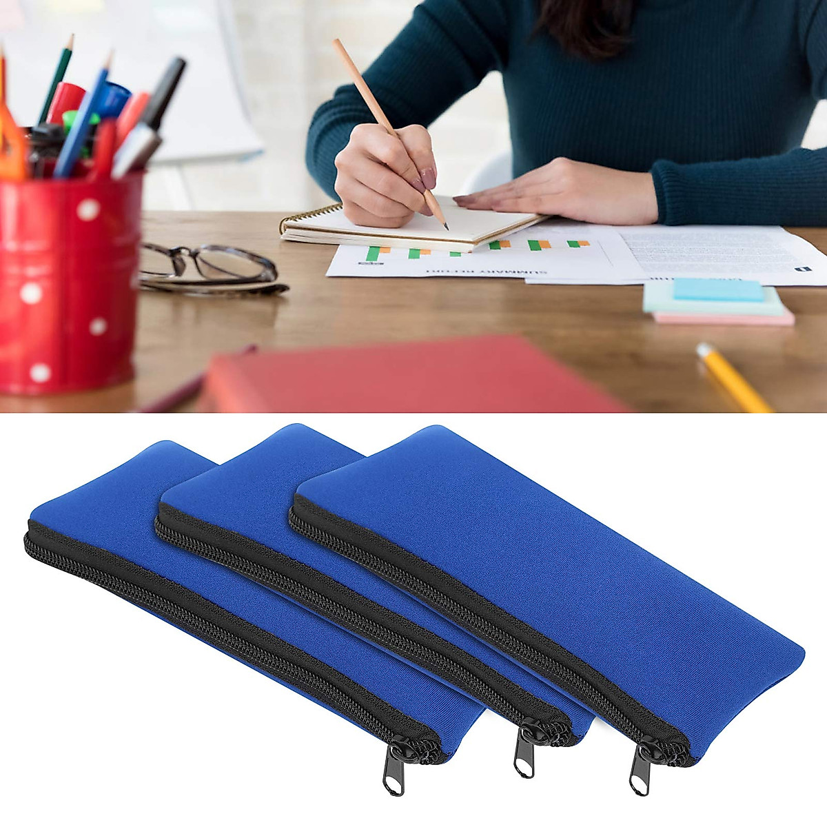 Alomejor 3pcs Pen Bag Pencil Case Soft Neoprene Waterproof Storage Bag for Camping Climbing Traveling Wearable Pen Bag (Blue)