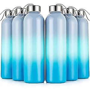 GoldArea 6 Pack Glass Water Bottles, 25 oz Colored Glass Bottles, Reusable Sports Water Bottle with Stainless Steel Lids and Carrying Straps, Leak-proof Water Bottles for Travel, Gym, or Office