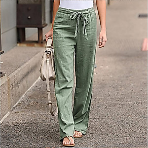 Bravetoshop Women's Cotton Linen Pants Wide Leg Palazzo Lounge Pants with Pockets High Rise Casual Loose Trousers Pants (Green,XXXXL)