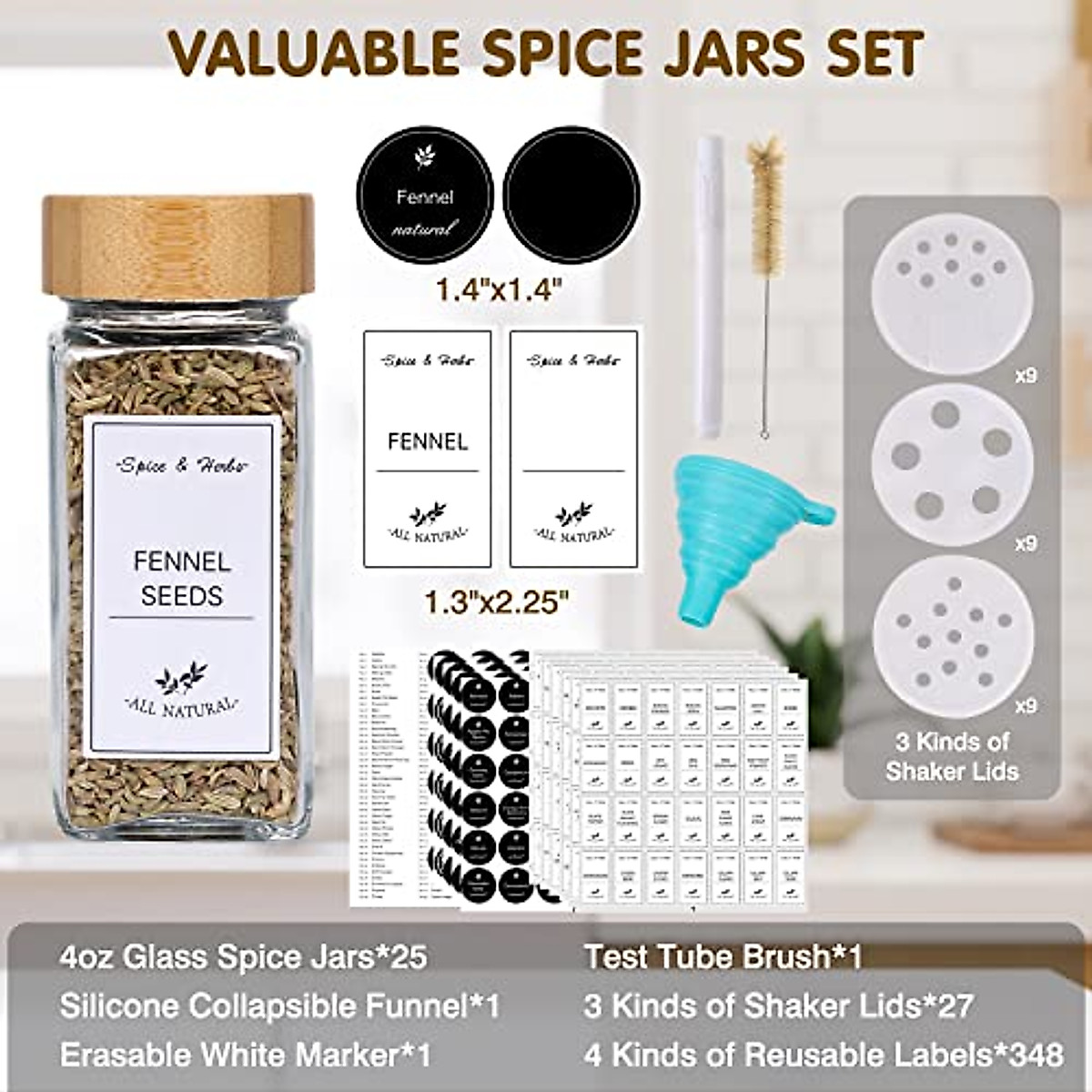 CUCUMI 25pcs Spice Jars with Labels 4oz Glass Spice Bottles with Bamboo Lids, Silicone Collapsible Funnel, Test Tube Brush and Chalk Marker, Seasoning Containers for Spice Rack, Cabinet and Drawer