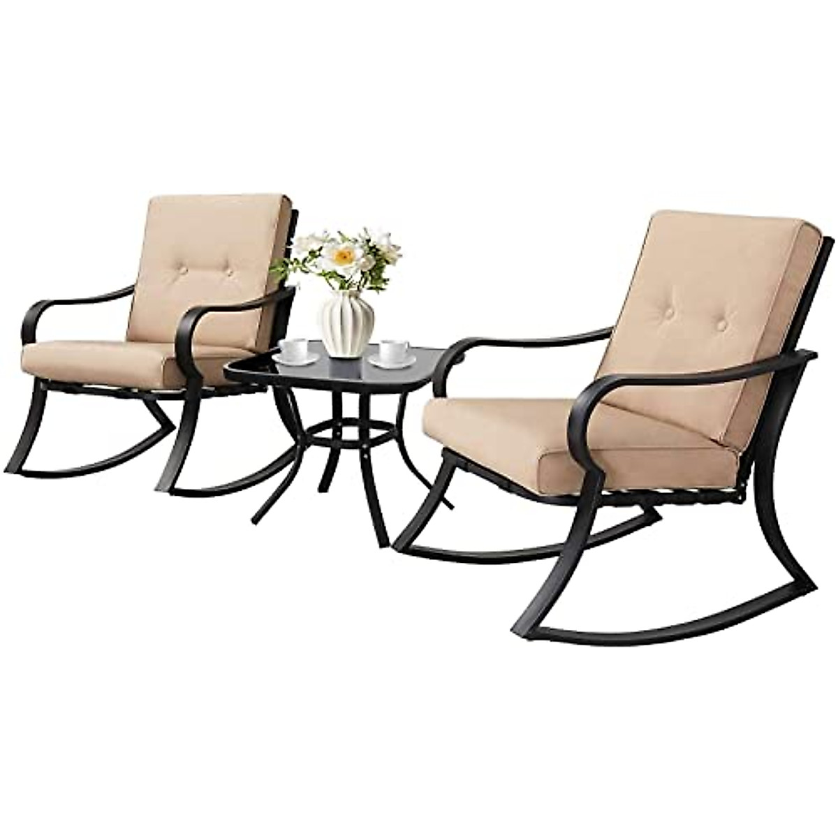SUNCROWN Outdoor 3-Piece Rocking Chairs Patio Bistro Set Black Steel Furniture with Thickened Cushion and Glass-Top Coffee Table, Brown