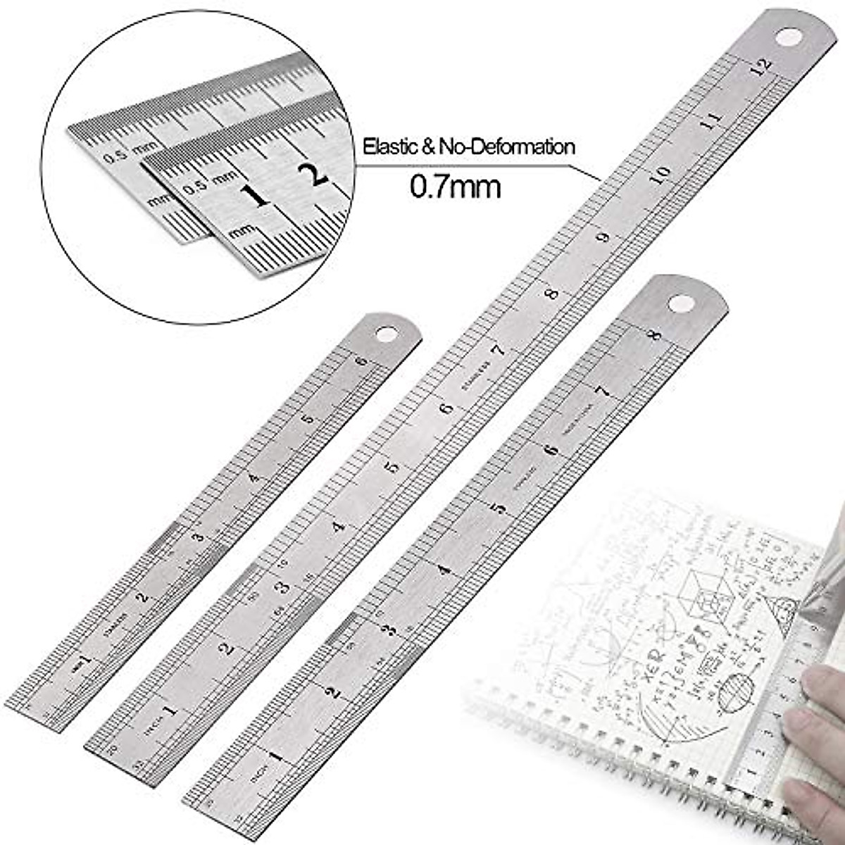 Elisel 3 PCS Stainless Steel Ruler Set with Inch and Metric Graduation, 12 Inch, 8 Inch and 6 Inch(Silvery)