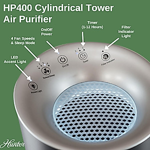 Hunter Fan Company HP400 Round Tower Air Purifier for Small Rooms, Featuring True HEPA Filtration and EcoSilver® Pre-Filter for Allergy and Asthma Relief, White and Silver
