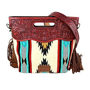 American Darling Aztec Cross Body with Red Tooled Leather ADBG247RedLeather, White