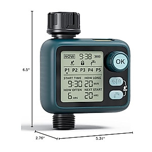Sprinkler Timer with Rain Sensor and 5 Separate Watering Irrigation Programs, Diivoo Water Hose Timer with Auto & Manual Mode, IPX5 Waterproof for Garden, Outdoor Lawn, Pool