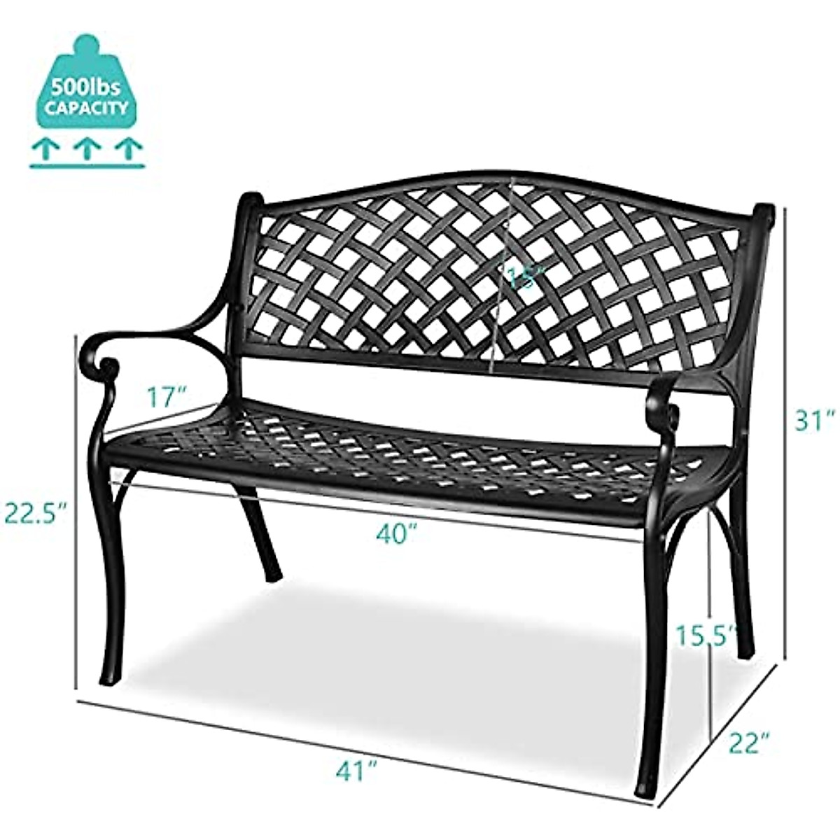 TITIMO 41” Outdoor Garden Bench with Armrests Sturdy Cast Aluminum Porch Loveseat Chair for All-Weather Patio Park Path Yard Lawn Work Entryway Decor Deck (Black)
