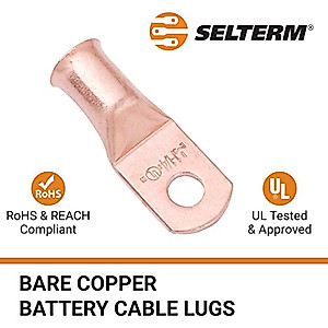 SELTERM 25pcs 1 AWG 1/4" Stud Battery Lugs, Ring Terminals, Heavy Duty Copper Wire Lugs, Battery Cable Ends, 1 Gauge Ring Terminal Connectors, UL Bare Copper Eyelets Electrical Battery Cable Lugs