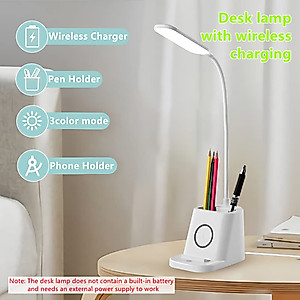 Small Desk Lamp with Wireless Charger, Desk Lights for Home Office - LED, White,Brightness Adjustment, 3 Color Modes,500LM, Study Lamp with Pen Holder， Desktop Study Desk Lamp for College Dorm Room