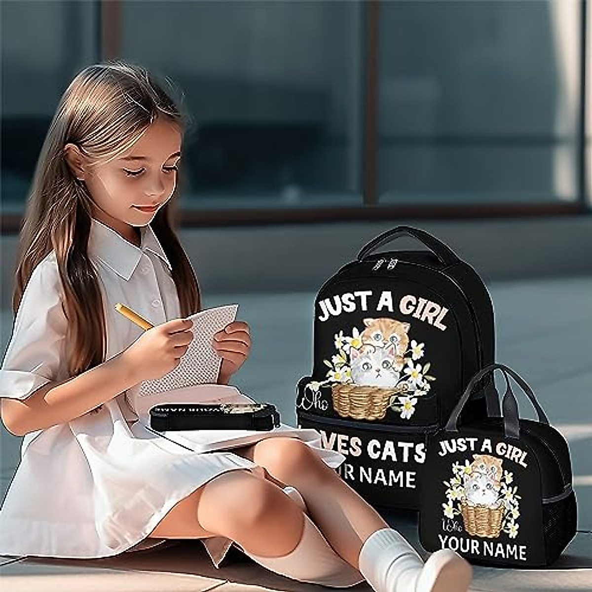 FUZZYFIT Personalized Cat Backpack with Lunch Box Set for Kids, 3 in 1 School Backpacks Matching Combo, Cute Black Bookbag and Pencil Case Bundle
