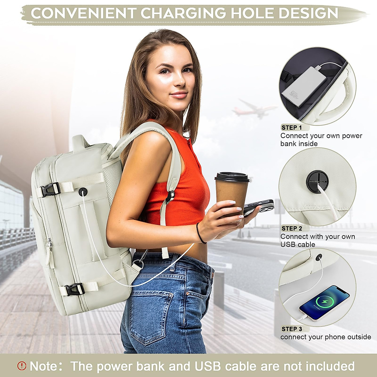 Getravel Large Travel Backpack Women, Carry On Backpack, Airplane Approved Personal Item Bag, Lightweight Laptop Backpack, Casual Work Gym College Weekender Bag, Beige