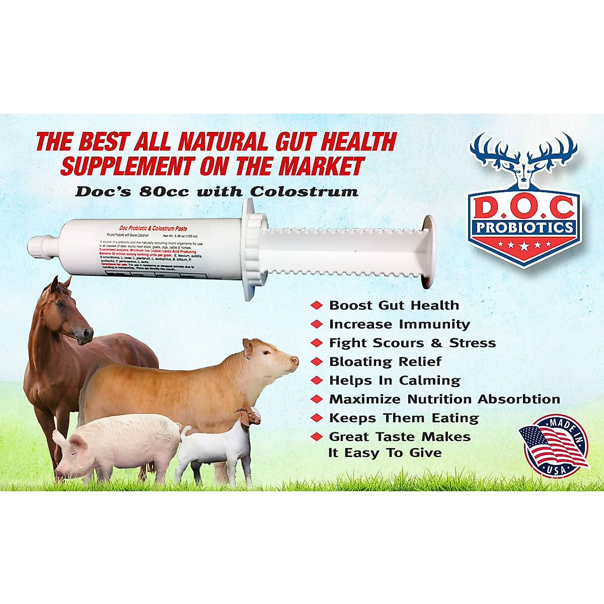 Doc Probiotics 80cc Colostrum Paste Prebiotics and Live Micro Encapsulated Livestock Probiotics Goats, Cows, Horses Sheep, Pigs, Deer