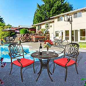 TITIMO 3 Piece Cast Aluminum Patio Dining Set,Outdoor Furniture Bistro Set, All-Weather Cast Aluminum Conversation Set Includes Table and Chairs w/Cushions and Umbrella Hole for Patio Garden (Red)