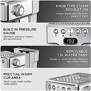 Geek Chef Espresso Machine, 20 Bar Coffee Machine, Fast Heating Automatic, Latte & Cappuccino Maker with Milk Frother Steam Wand, 1.8L Water Tank, Temperature Display, Stainless Steel
