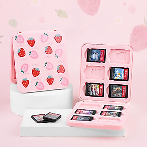 RHOTALL Cute Strawberry Carrying Case for Nintendo Switch, Hard Portable Travel Case for Switch Accessories with Protective Shell, Shoulder Strap, Game Card Case, Screen Protector and 2 Thumb Caps