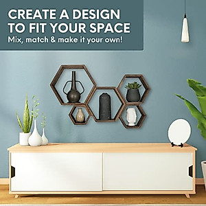 Floating Shelves – Hexagonal Premium Wood Shelves – Set of 5 – Rustic Farmhouse Decor – Honeycomb Display Shelf – Wall Shelves for Bathroom, Bedroom, Kitchen, Office & Living Room - Easy Installation