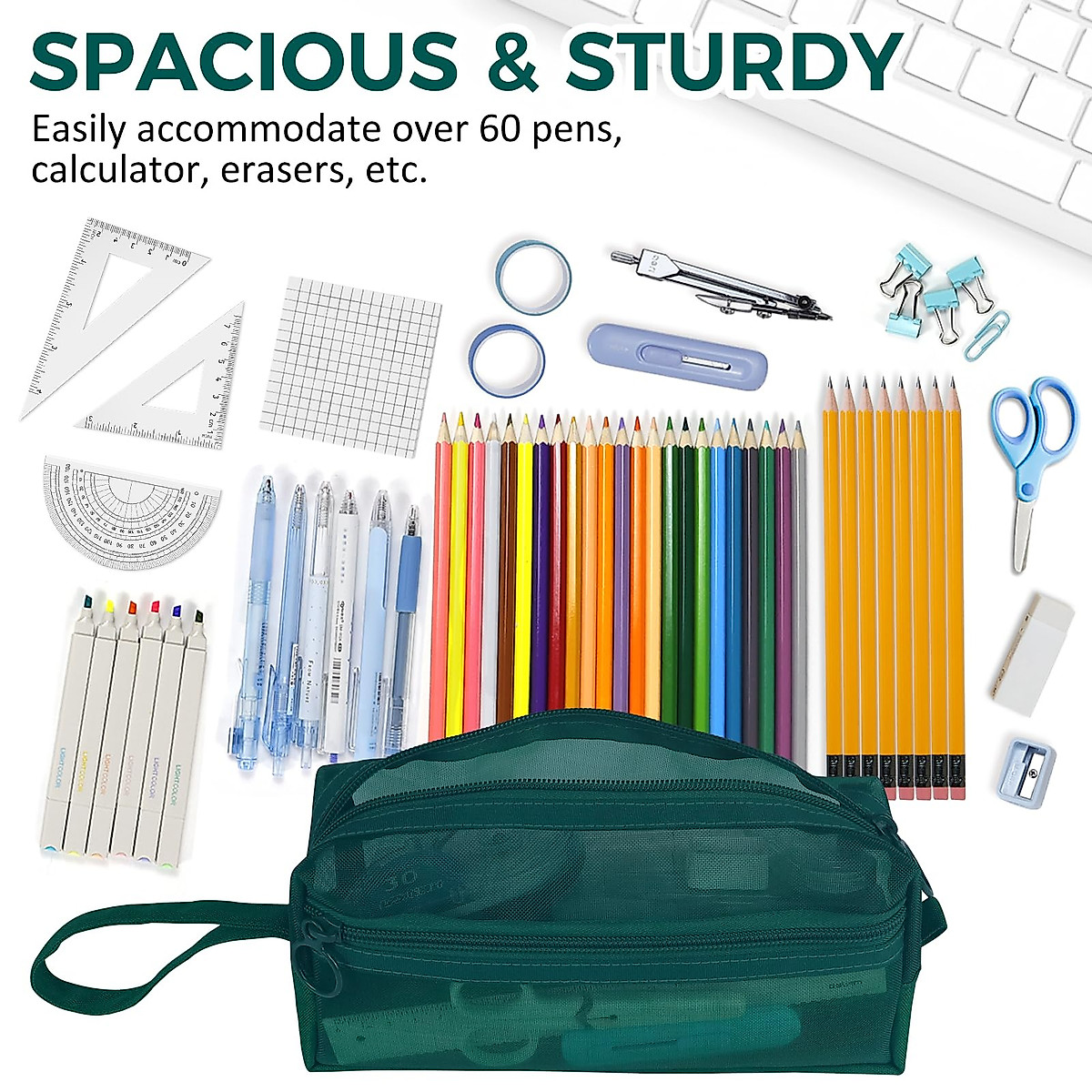 Moyad Grid Mesh Pencil Pen Case Large Capacity Pencil Pouch Stationery Organizer Pen Bag Clear Translucent Pencil Cases for Office, Work, Travel, Adults - Green