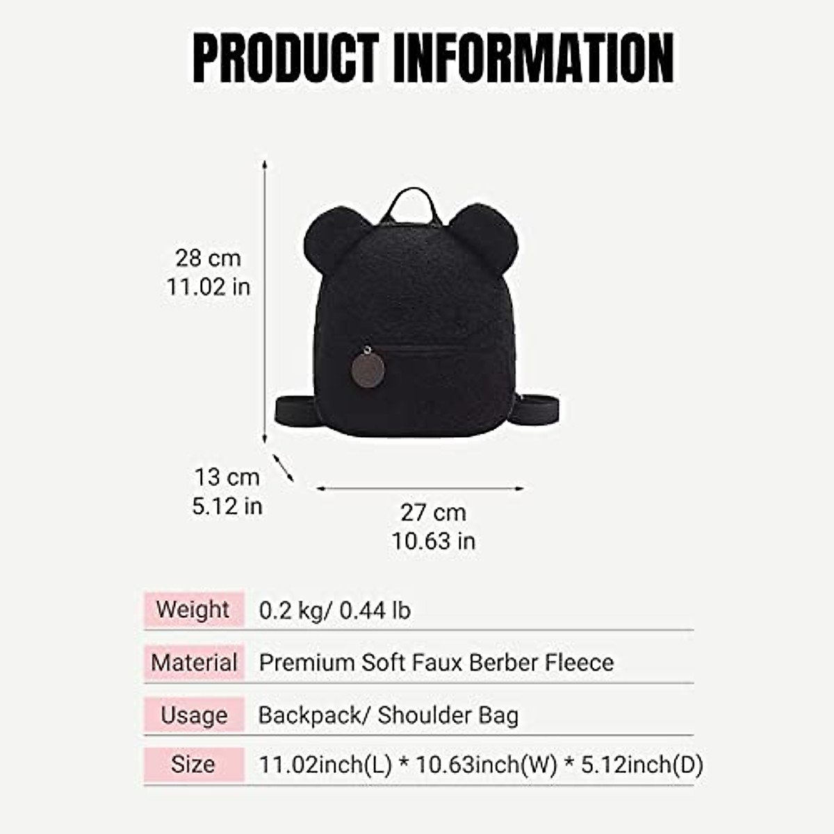 Kaupuar Fashion Fleece Sherpa Kawaii Backpack Fluffy Backpack Fuzzy School Bag Teen Girls Plush Bear Backpack (Black)