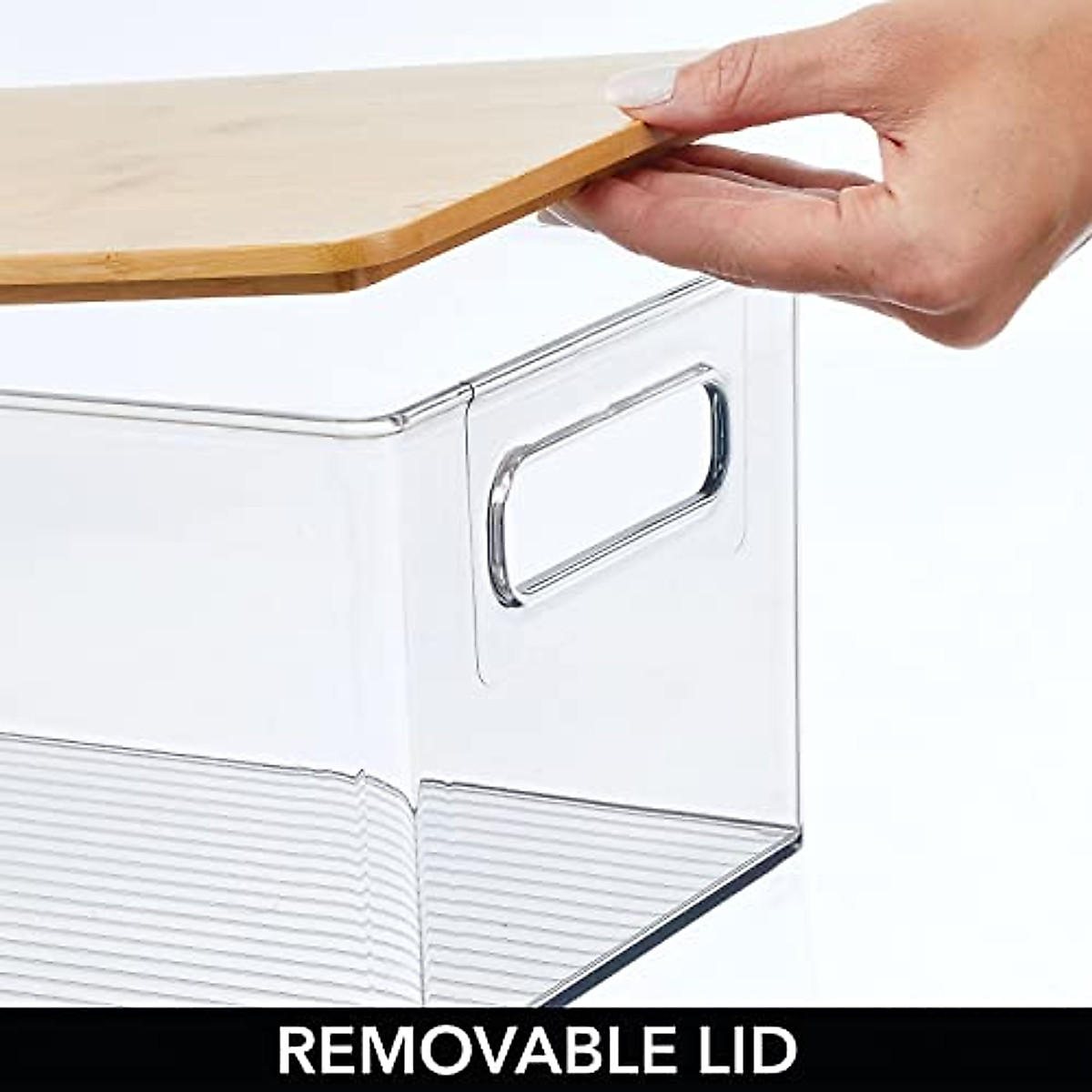mDesign Plastic Stackable Storage Organizer Container Bin with Handles, Bamboo Wood Lid; for Kitchen, Pantry, Cabinet Organization; Holds Packaged Food, Snacks; Ligne Collection, 8 Pack, Clear/Natural
