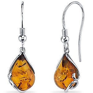Peora Genuine Baltic Amber Teardrop Earrings for Women 925 Sterling Silver, Rich Cognac Color, Fishhooks