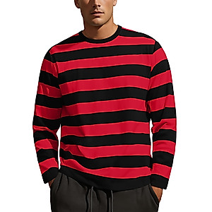 Zengjo Striped Shirt Long Sleeve(Red and Black,XXL)