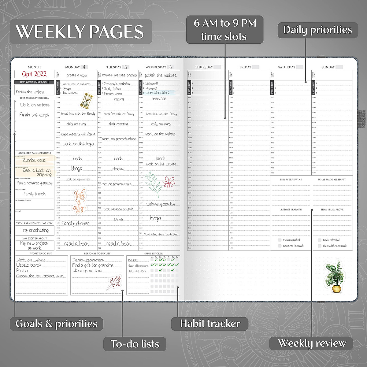 Legend Hourly Planner PRO Premium – Large Undated Schedule Planner with Time Slots – Personal & Work Organizer for Daily, Weekly & Monthly Planning – Time Management Planner – A4 size (Mystic Gray)